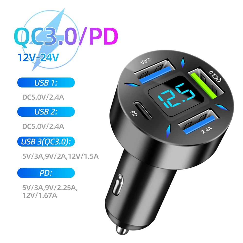 Автомобильное зарядное устройство 66 Вт 4 в 1, быстрая зарядка PD QC3.0 с вольтметром, розеткой прикуривателя, адаптер питания для iPhone11 12 Samsung Xiaomi
