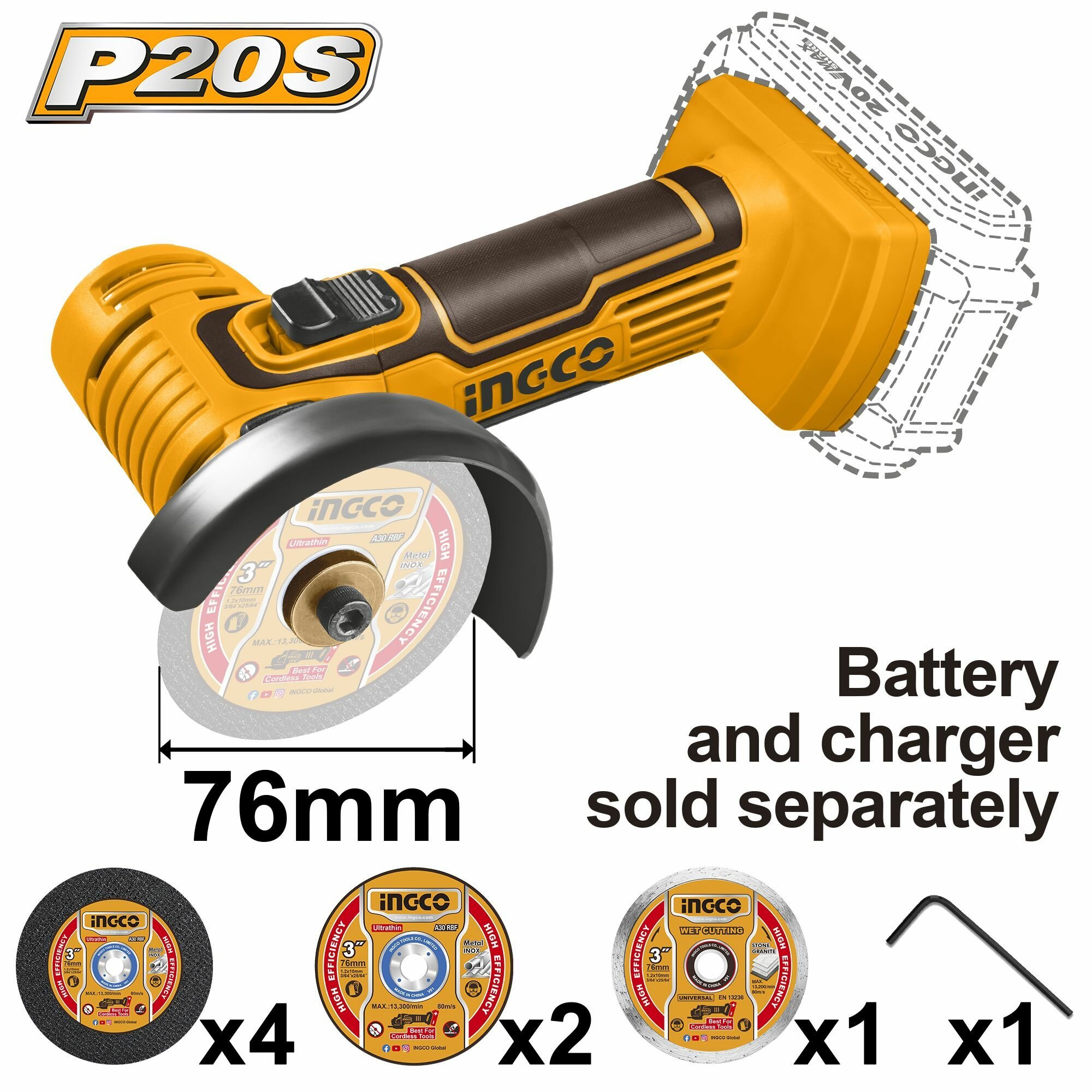 Аккумуляторная мини-угловая шлифовальная машина (УШМ) INGCO CAGLI7601 INDUSTRIAL