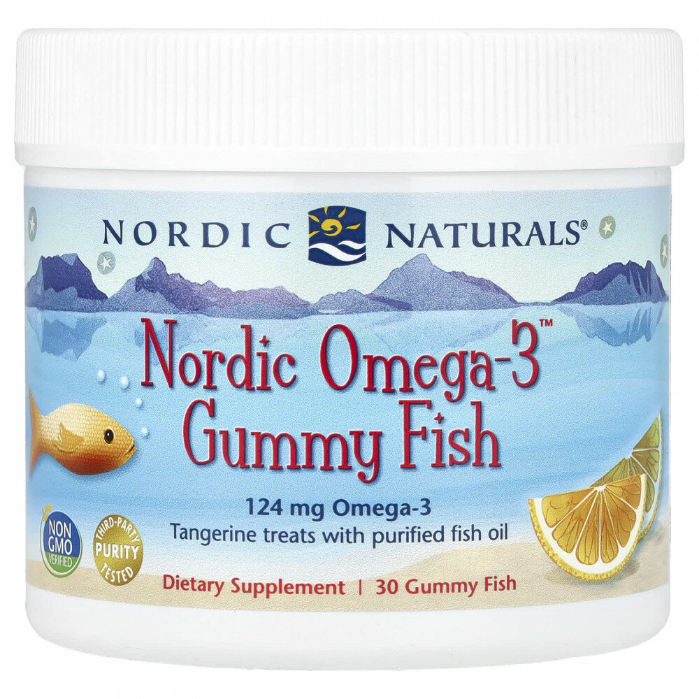 Nordic Naturals, Nordic Omega-3 Gummy Fish, «мандариновые лакомства», 124 мг, 30 жевательная таблеток в форме рыбок