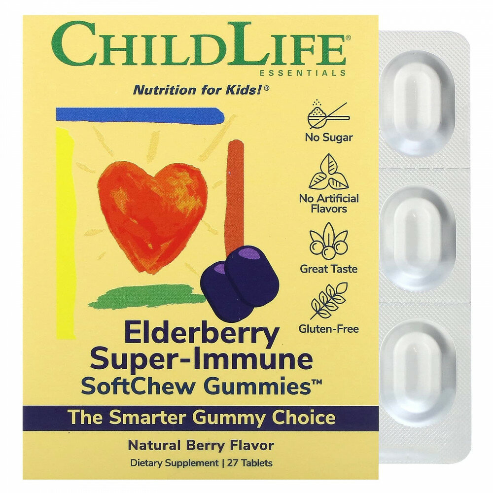 ChildLife Essentials, Super-Immune SoftChew Gummies, жевательные таблетки с бузиной для детей, со вкусом натуральных ягод, 27 таблеток