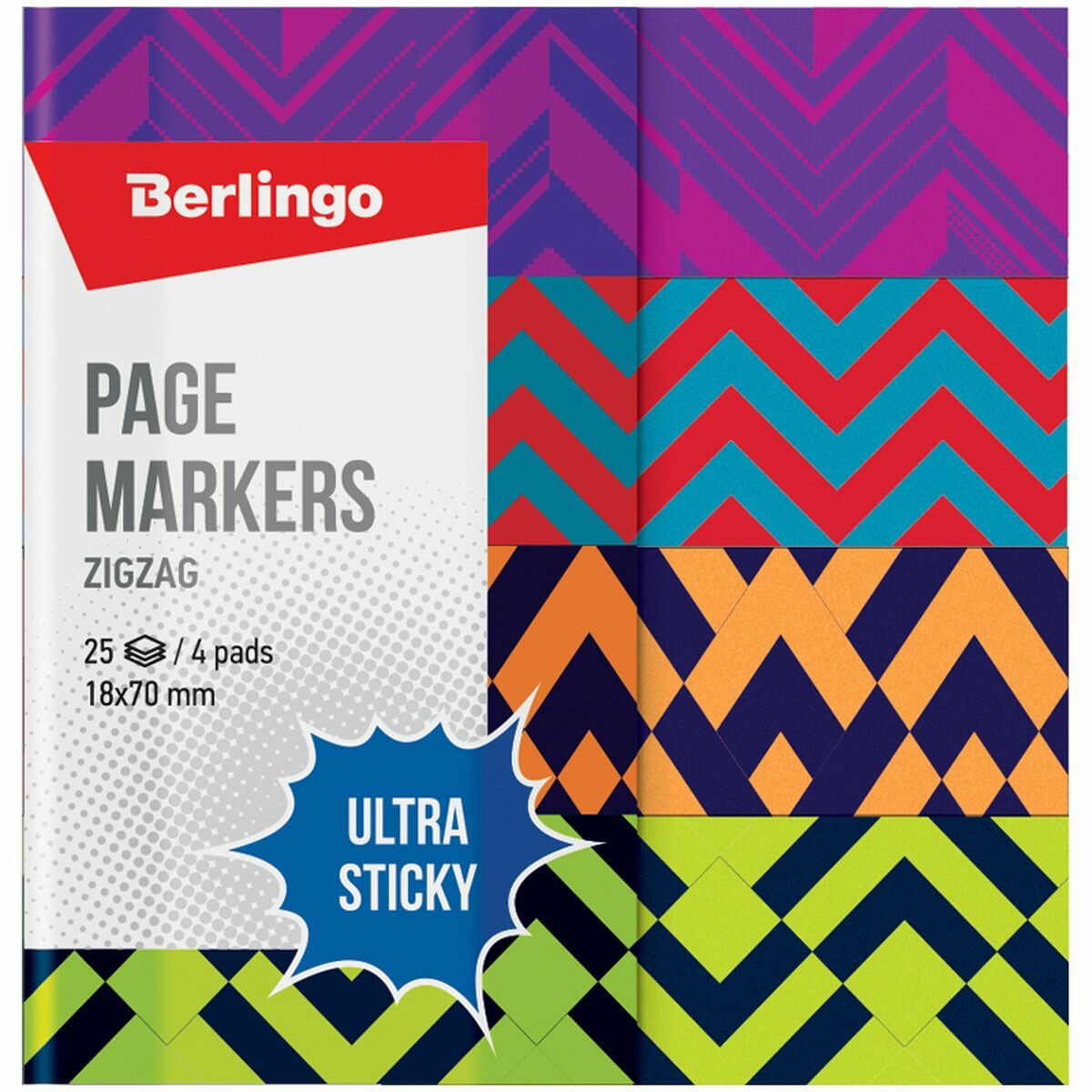 Клейкие закладки бумажные Berlingo Ultra Sticky Zigzag, 4х25л, 18x70мм, в книжке (LSz_41132), 12 уп.