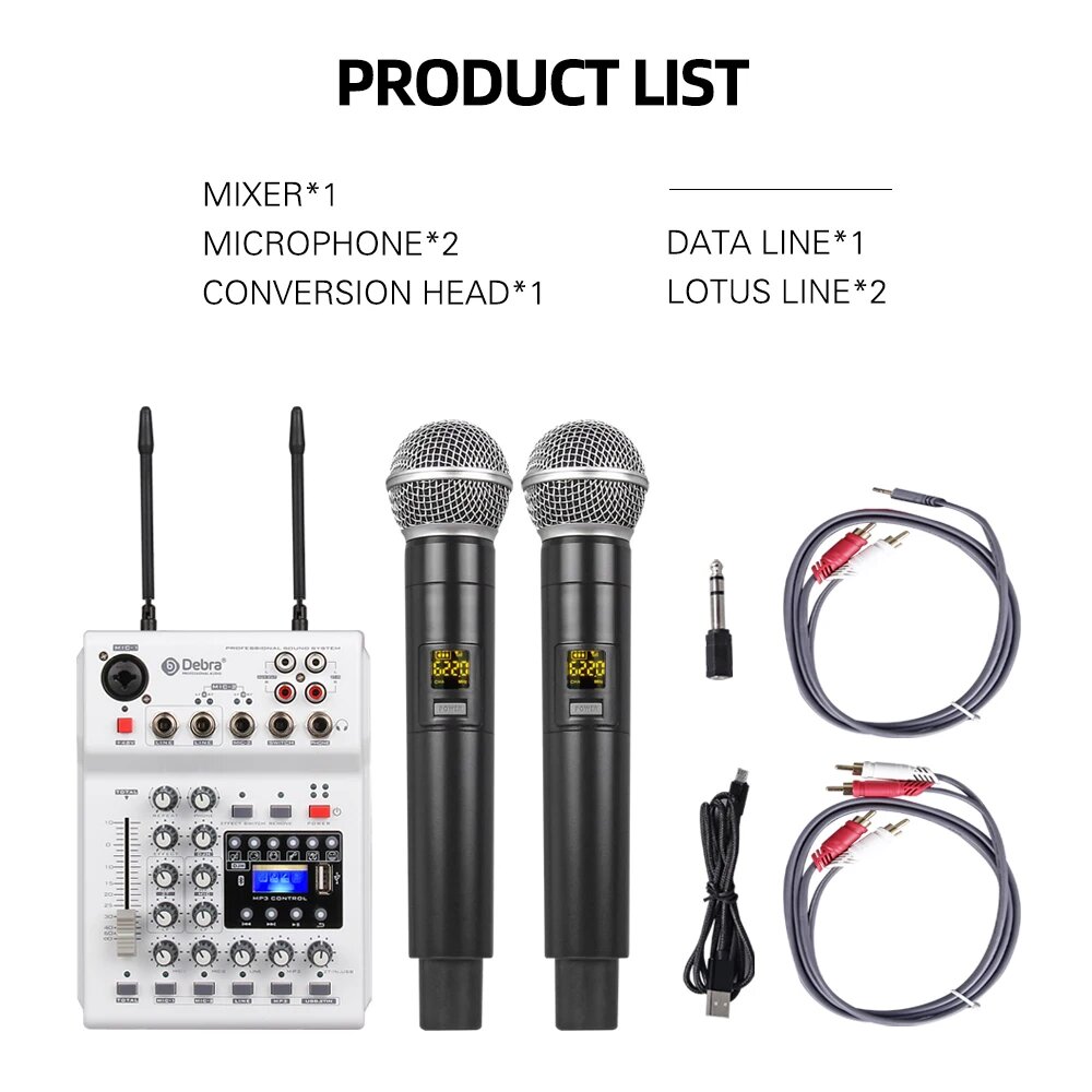 DJ-микшерная консоль Debra Audio MM-02 с беспроводными микрофонами UHF 2 с фантомным питанием 48 В (микшерная аудио/микшерная консоль/микшер