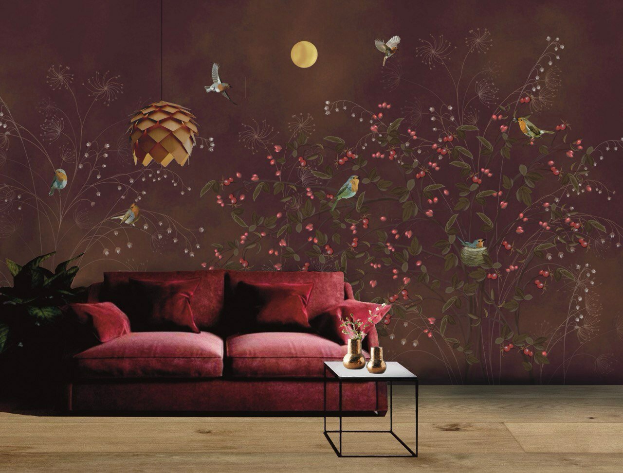 Фреска бесшовная "Малиновка на заре щебетала" бордовый (ширина 2750мм х длина 2000мм)