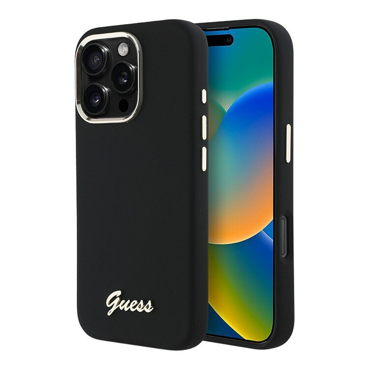 Guess силиконовый чехол для iPhone 16 Pro, Liquid silicone Gold metal logo & Camera frame, черный