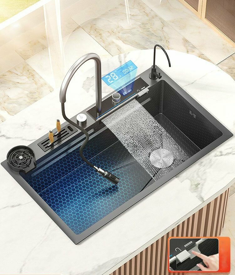 Водопад кухонная раковина 750 * 450 мм 304 раковина из нержавеющей стали с цифровым дисплеем большой одиночный многофункциональный