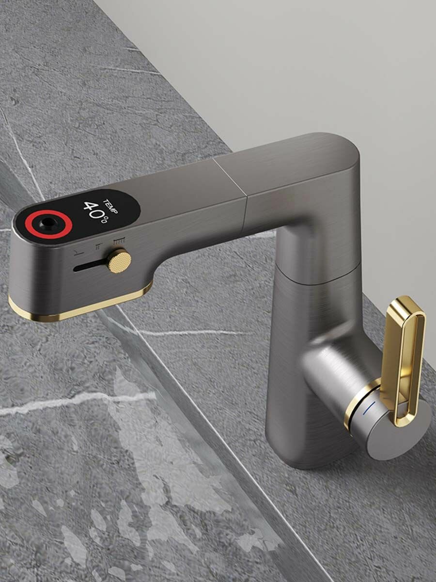 BAYEI Выдвижной смеситель для раковины, цифровой дисплей температуры, который можно поднимать и опускать, вращающийся кухонный кран