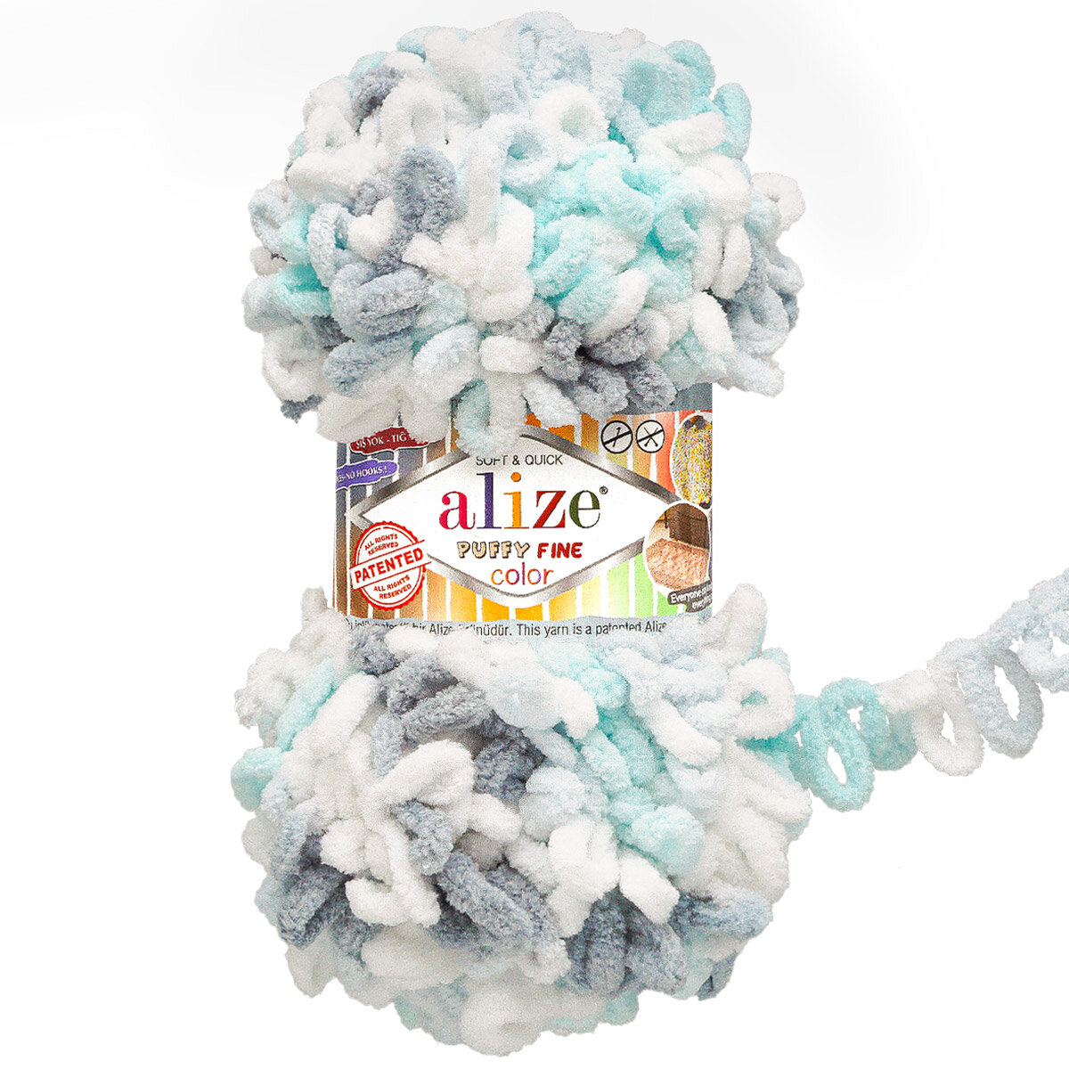 Пряжа ALIZE "Puffy Fine Color", 100 г, 14,5 м, 100% микрополиэстер, цвет 6523 секционный, 5 мотков