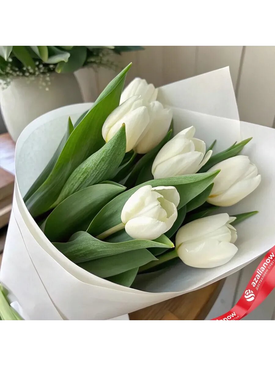 Букет из 7 белых тюльпанов в упаковке