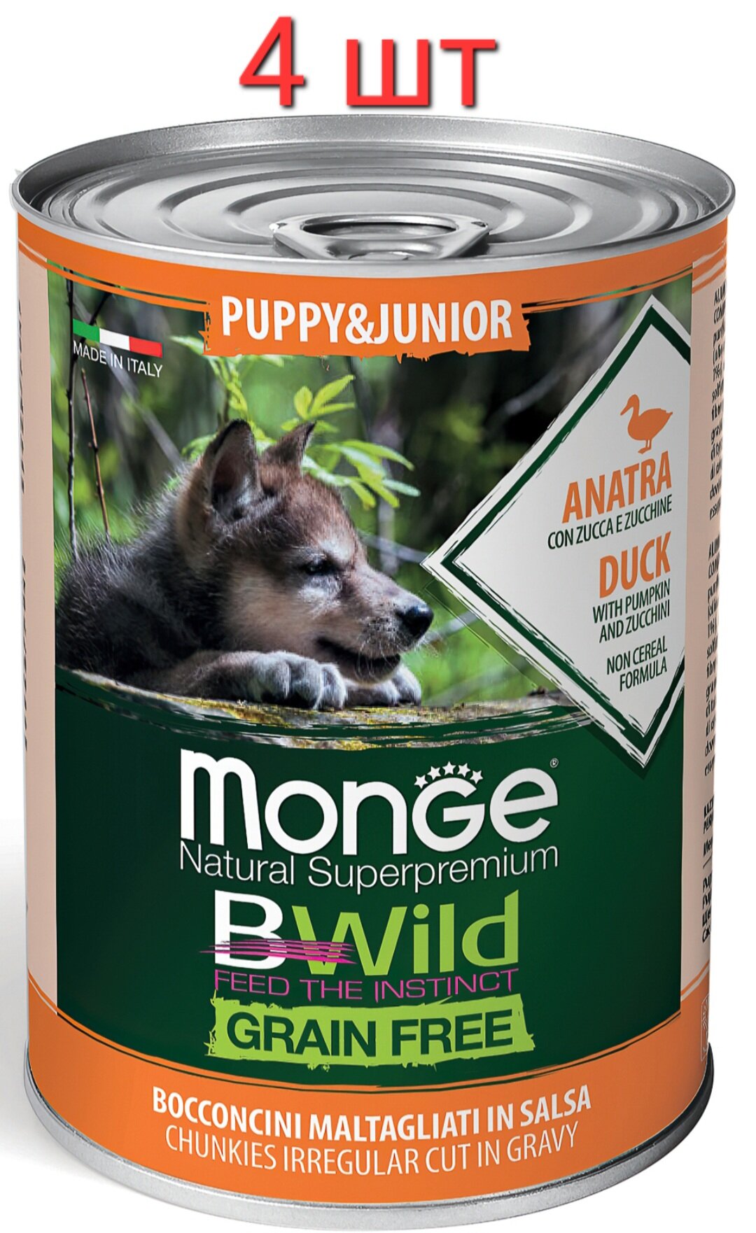 Влажный корм Monge Dog BWild GRAIN FREE Puppy консервы из утки с тыквой и кабачками для щенков, 4шт по 400г