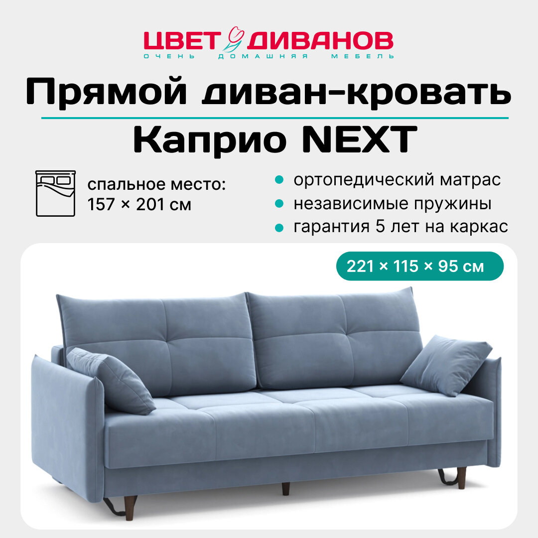 Прямой диван кровать Цвет Диванов Каприо NEXT 22 221 раскладной, пружинный ортопедический матрас, велюр, металлокаркас