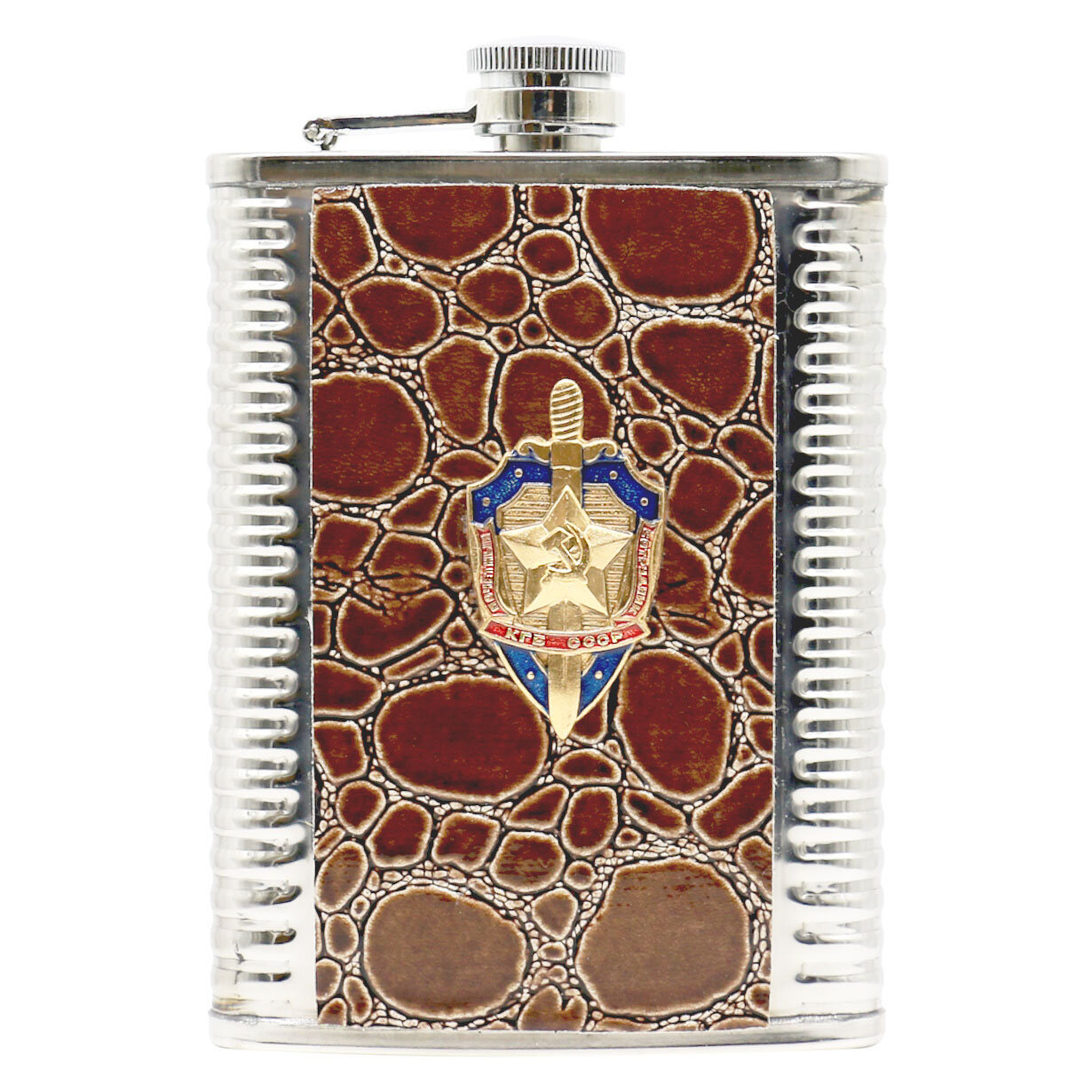 Фляжка стальная КГБ СССР, значки, экокожа, коричневая, 236 мл.