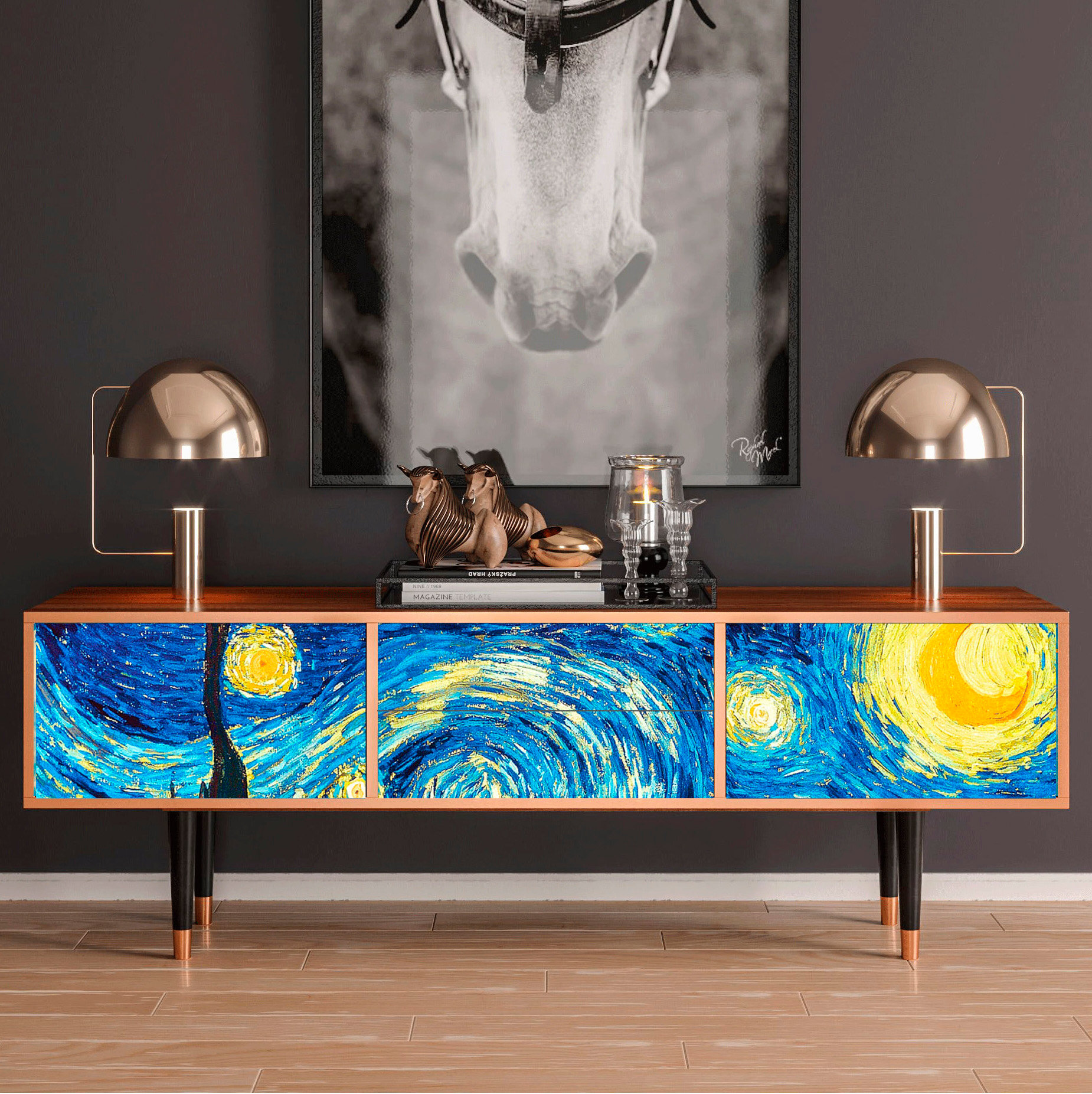 ТВ-Тумба - STORYZ - T4 The Starry Night by Vincent van Gogh, Размер - 170 x 59 x 48 см, Цвет корпуса - , Орех