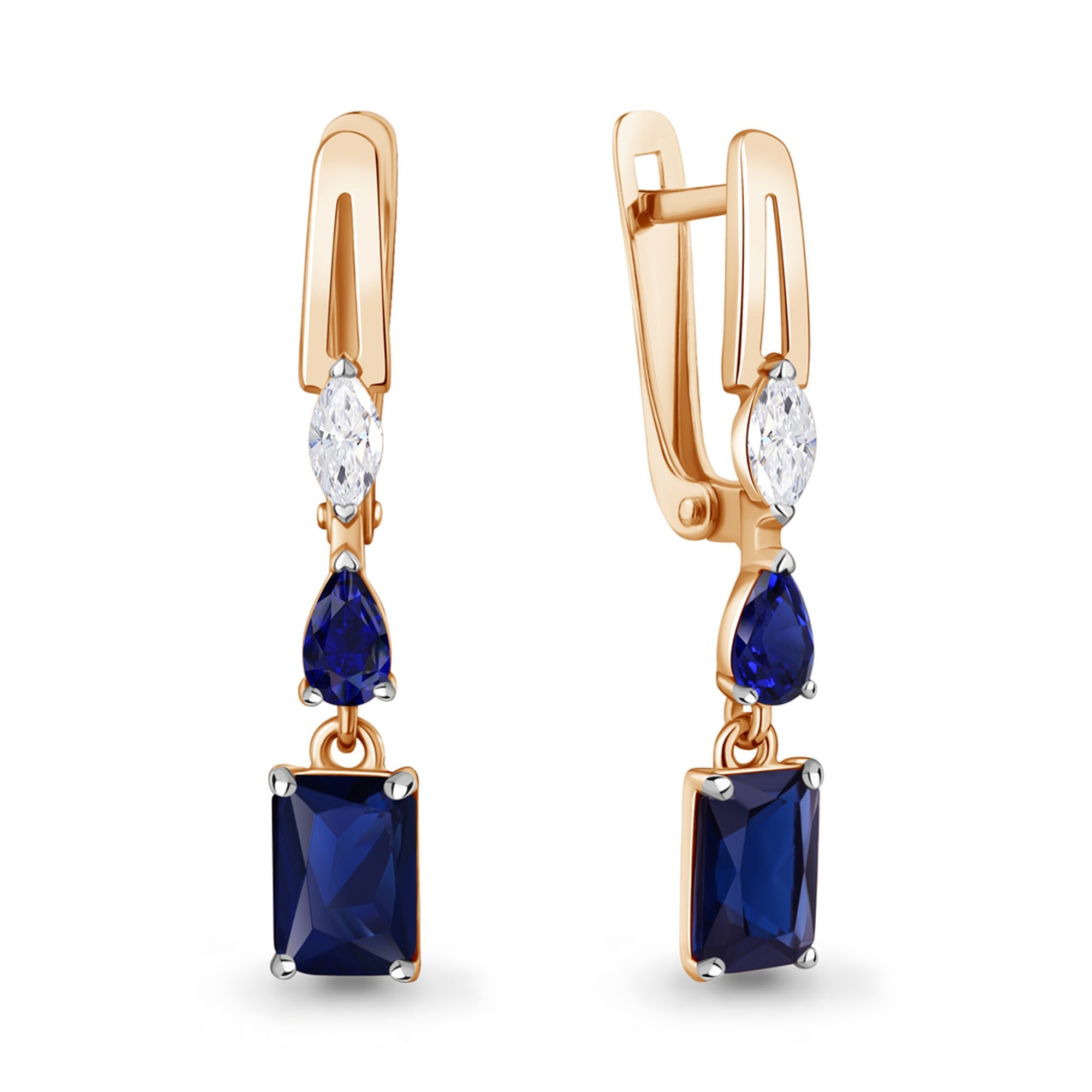 Серьги, серебро, 925 проба, золочение, фианит, сапфир синтетический