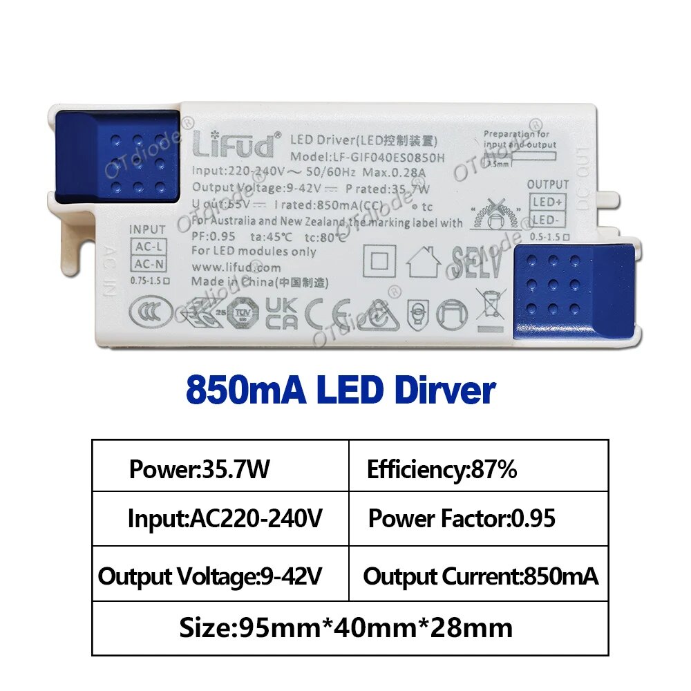 Lifud LED Driver LF-GF04250850H 9-42V 850mA 35.7W