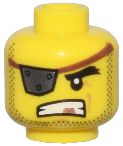 Minifigure, Head Dark Silver Eye Patch with Rivets, Bared Teeth with Copper Tooth, Stubble Pattern (MetalBeard), 3626pb1046 Yellow U