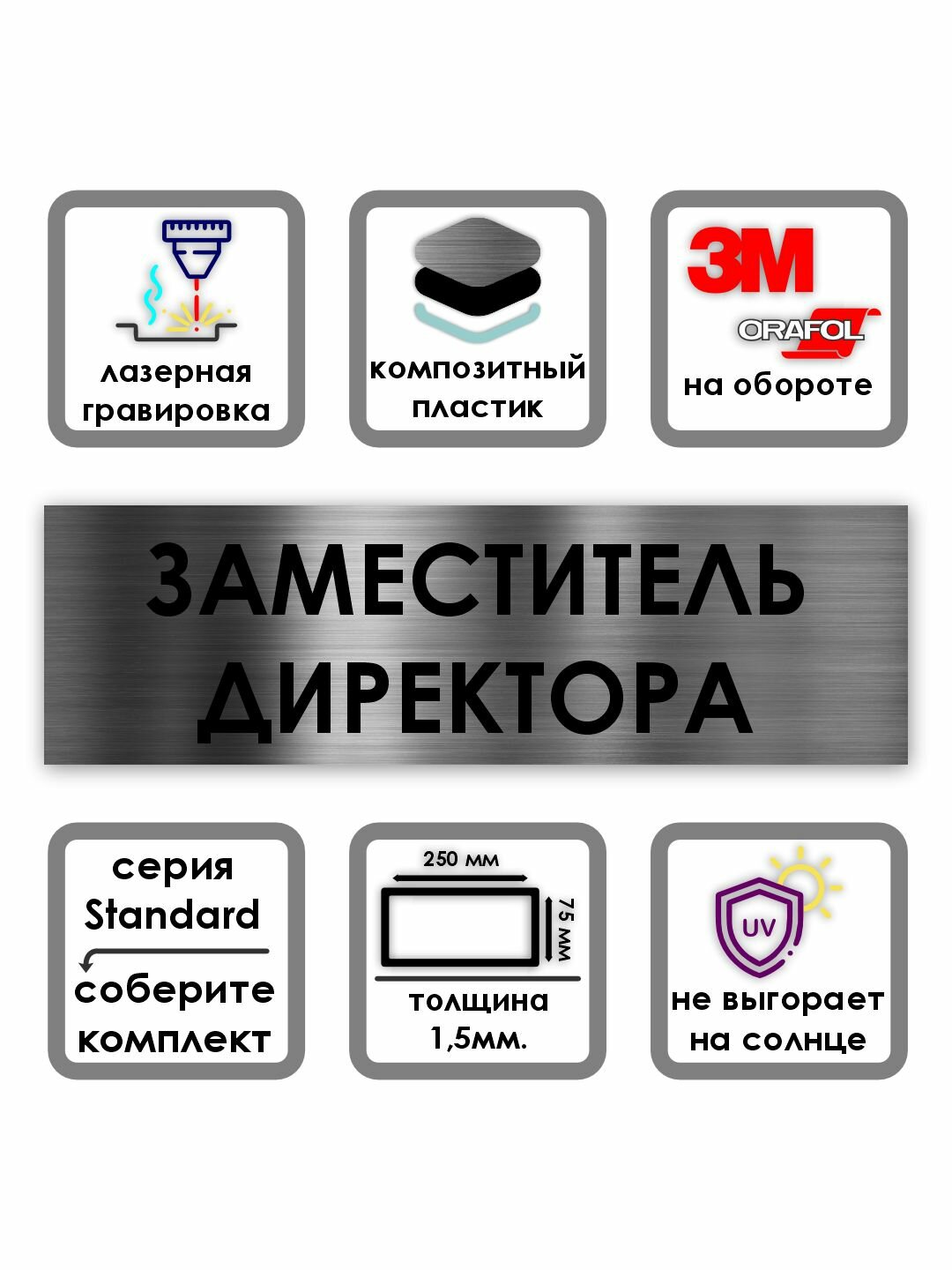 Заместитель директора табличка на дверь Standard 250*75*1,5 мм. Серебро