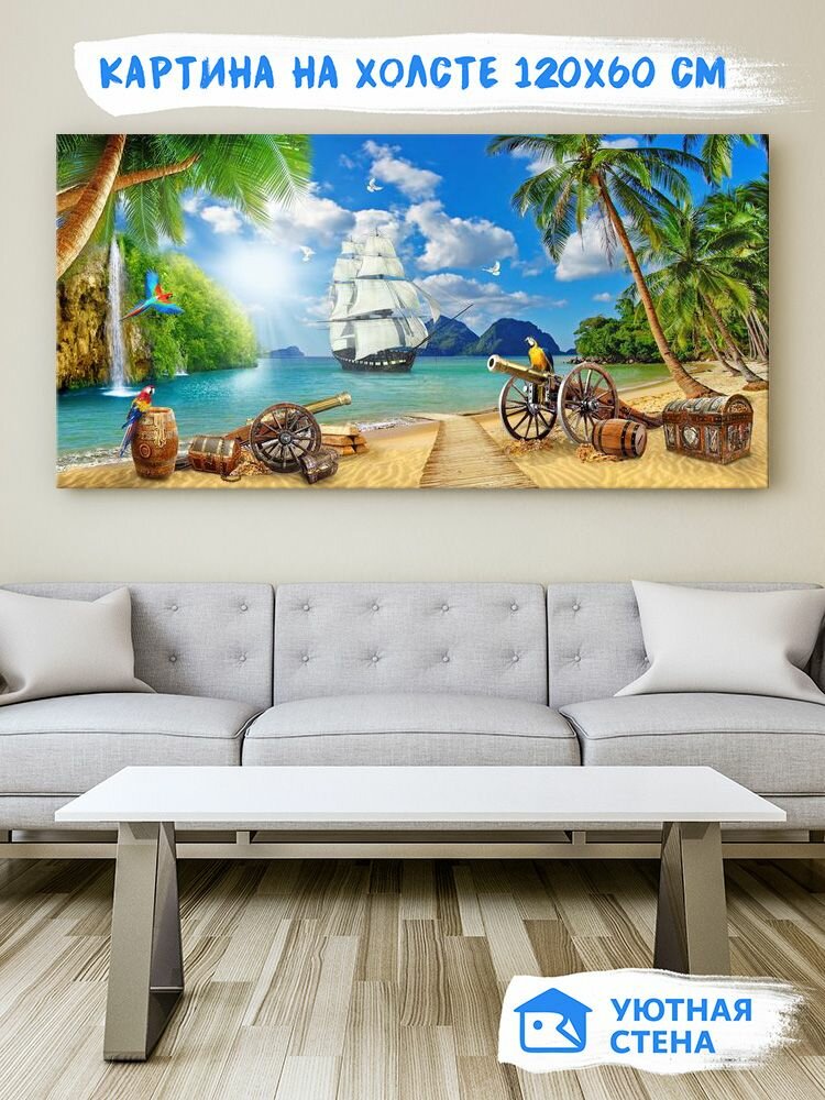 Картина на натуральном холсте Уютная стена "Пиратский остров с пушками" 120х60 см