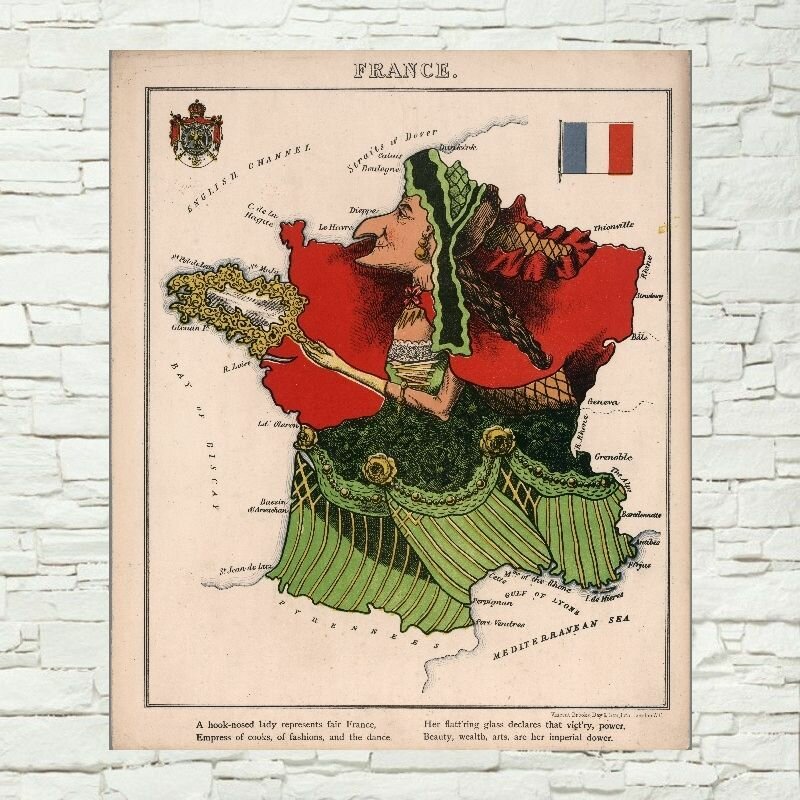 Карта карикатурная Франция (France). Репринт карты 1868 года.