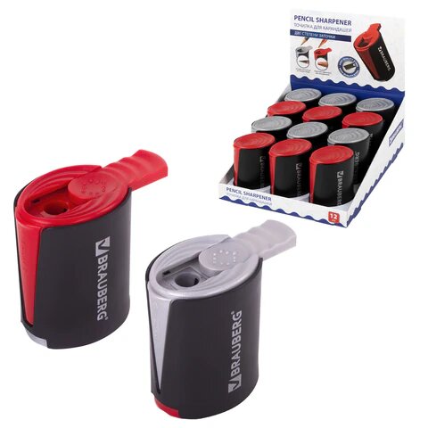 Точилка BRAUBERG "Delta", 2 отверстия для чернографитных и цветных карандашей, двусторонняя, с контейнером, 223592