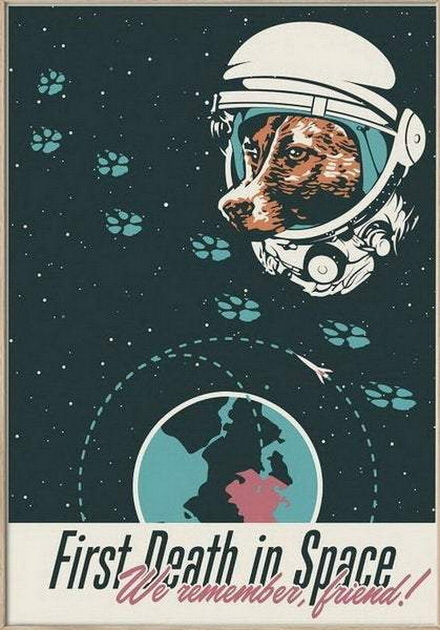 Плакат, постер Лайка - первая собака в космосе на бумаге, размер 30х42см