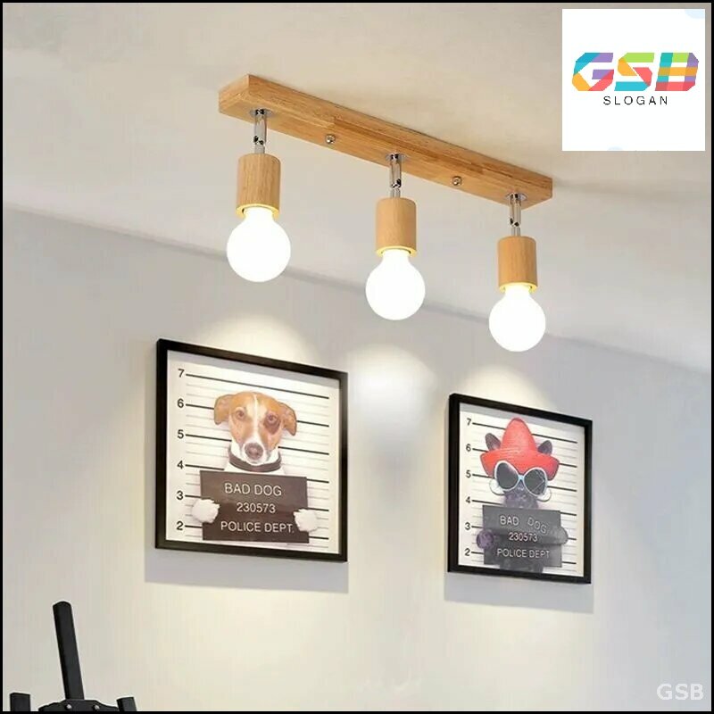 3 головы Потолочный светильник, E27, 60 Вт，Длинная пластина из цельного дерева，светильник светодиодный потолочный