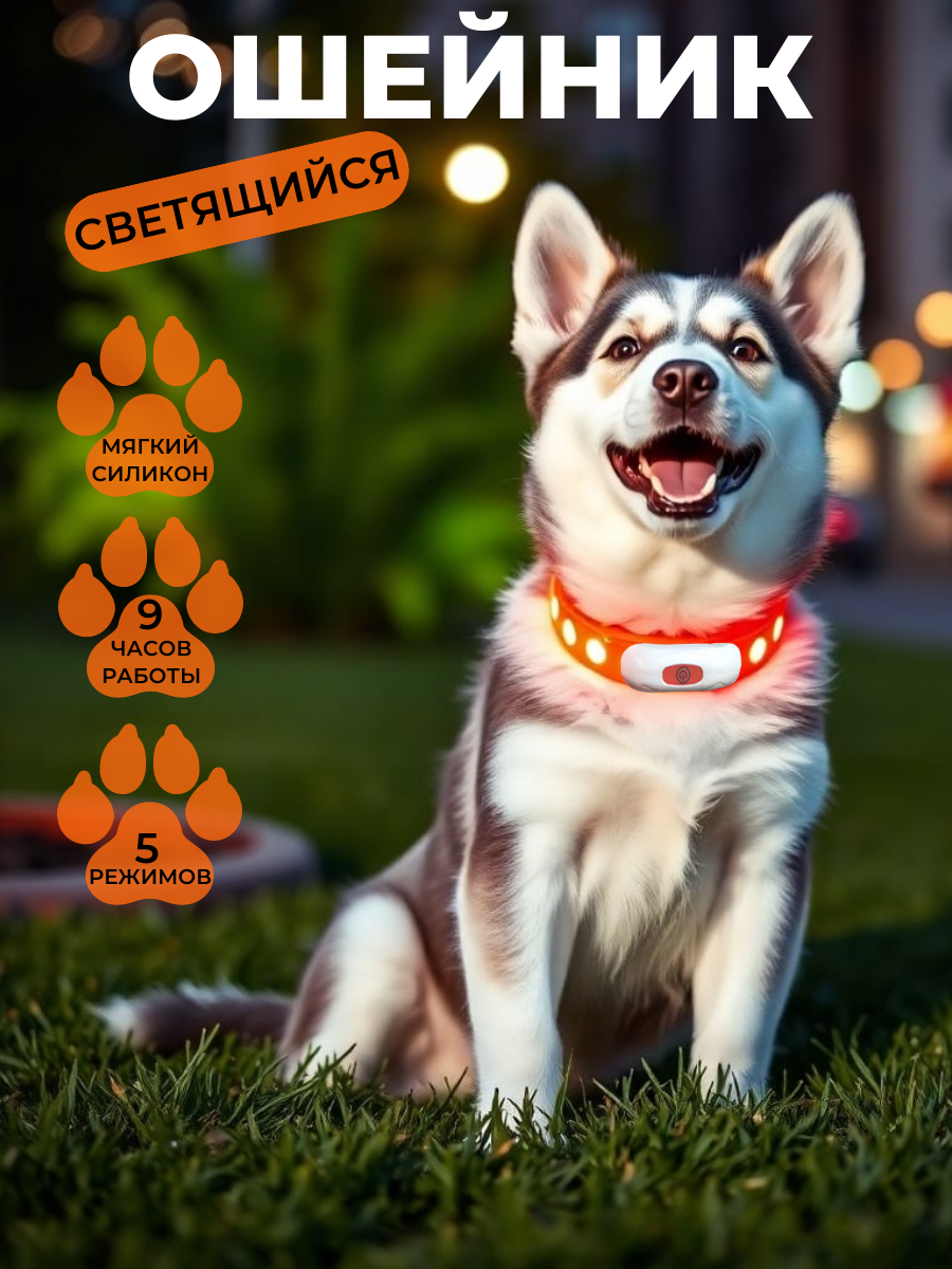 Ошейник BOOMBOOM Shop, светодиодный, USB-зарядка, размер S оранжевый, регулирующийся, водостойкий