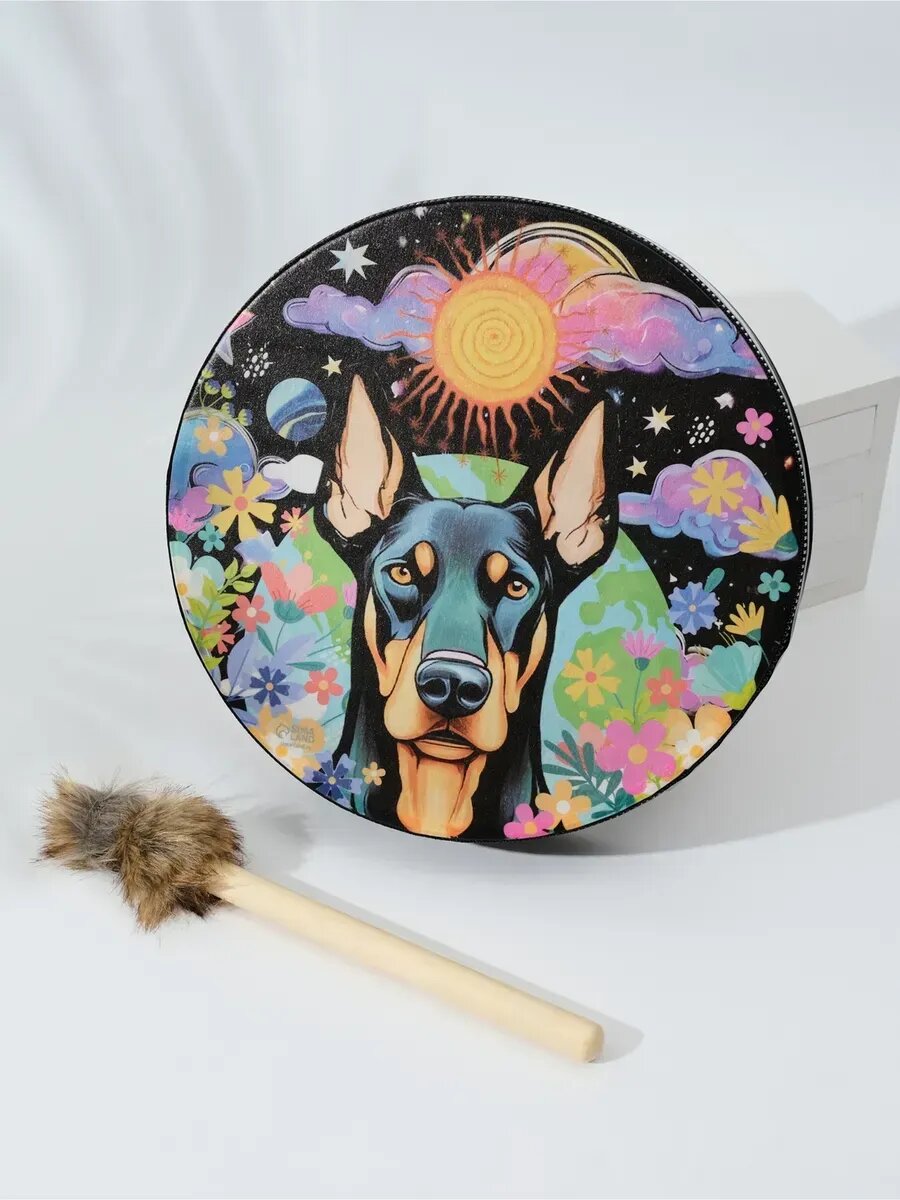 Шаманский бубен Доберман в цветах с колотушкой