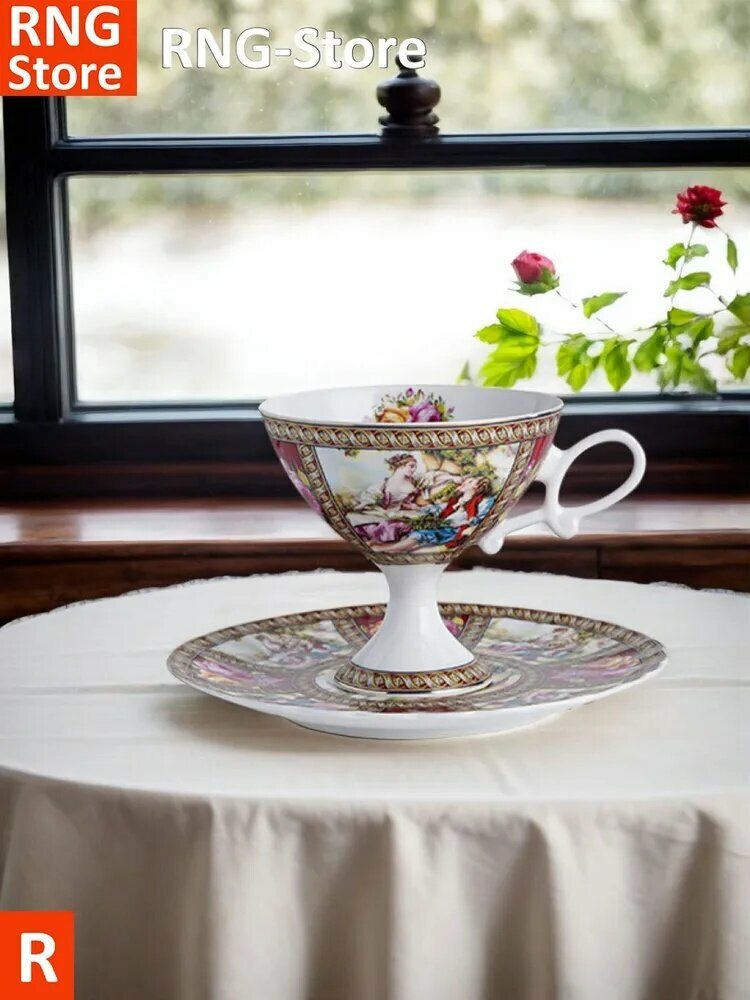 Чайная, кофейная пара "(Высокая ножка - чашка с голубой розой) Маленькая талия - Набор кофейных чашек и блюдец" 140 мл на 1 перс.