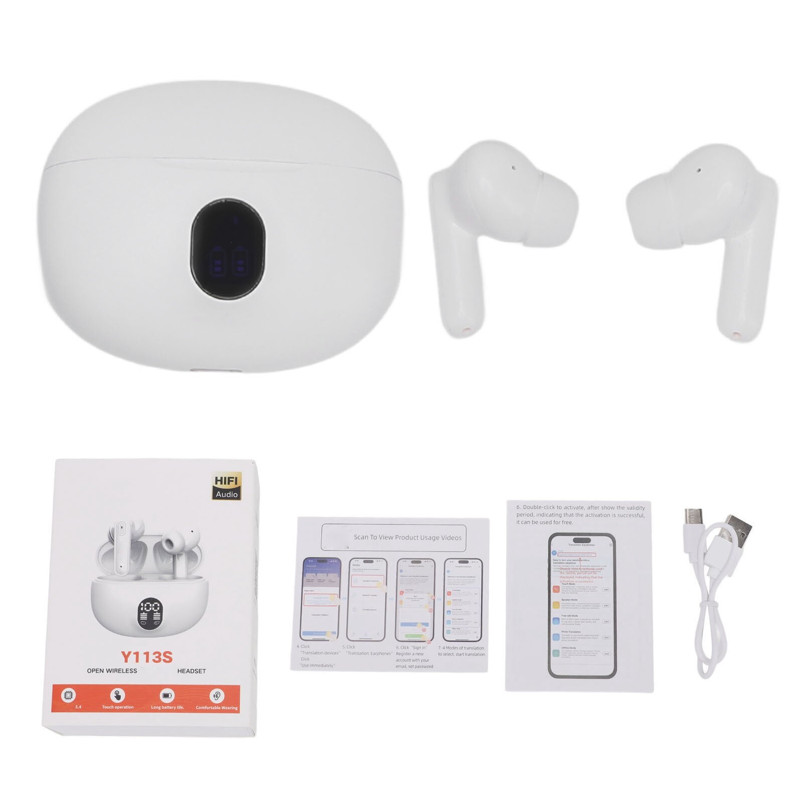 Language Translator Earbuds 144 Languages Bluetooth 5.4 Wireless Translation Device for Travel Business and Learning White