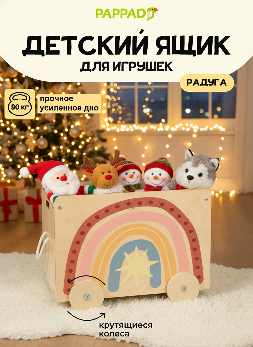 Ящик каталка деревянный на колесиках для хранения игрушек, корзина для хранения с рисунком "Радуга"