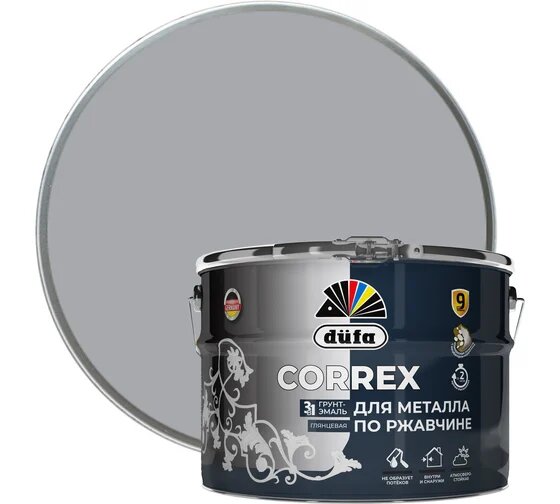 Dufa Грунт-эмаль по ржавчине гладкая Correx 3 в 1 RAL-9006 серебристый 10 л