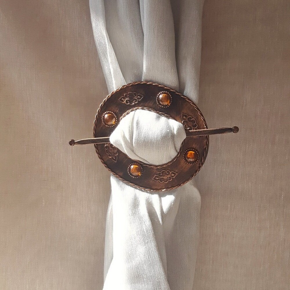 Подхват-заколка 2 шт для штор декоративная металлическая, размер 15 см х 14 см, цвет темная медь и янтарный