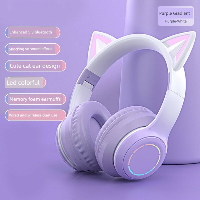 Беспроводные наушники с шумоподавлением и HIFI-звуком, микрофон, дизайн котенка, фиолетовый цвет для игр и