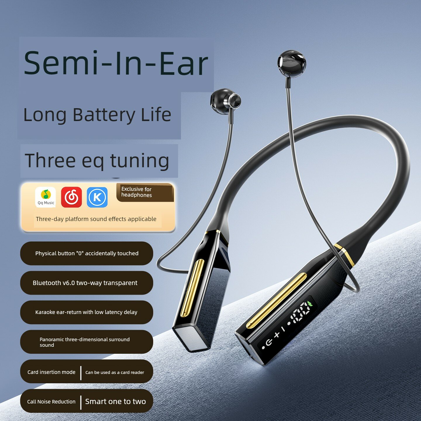 Беспроводные наушники Semi-In-Ear с шумоподавлением, берлинским звуком, стерео басом и долгим сроком службы батареи для
