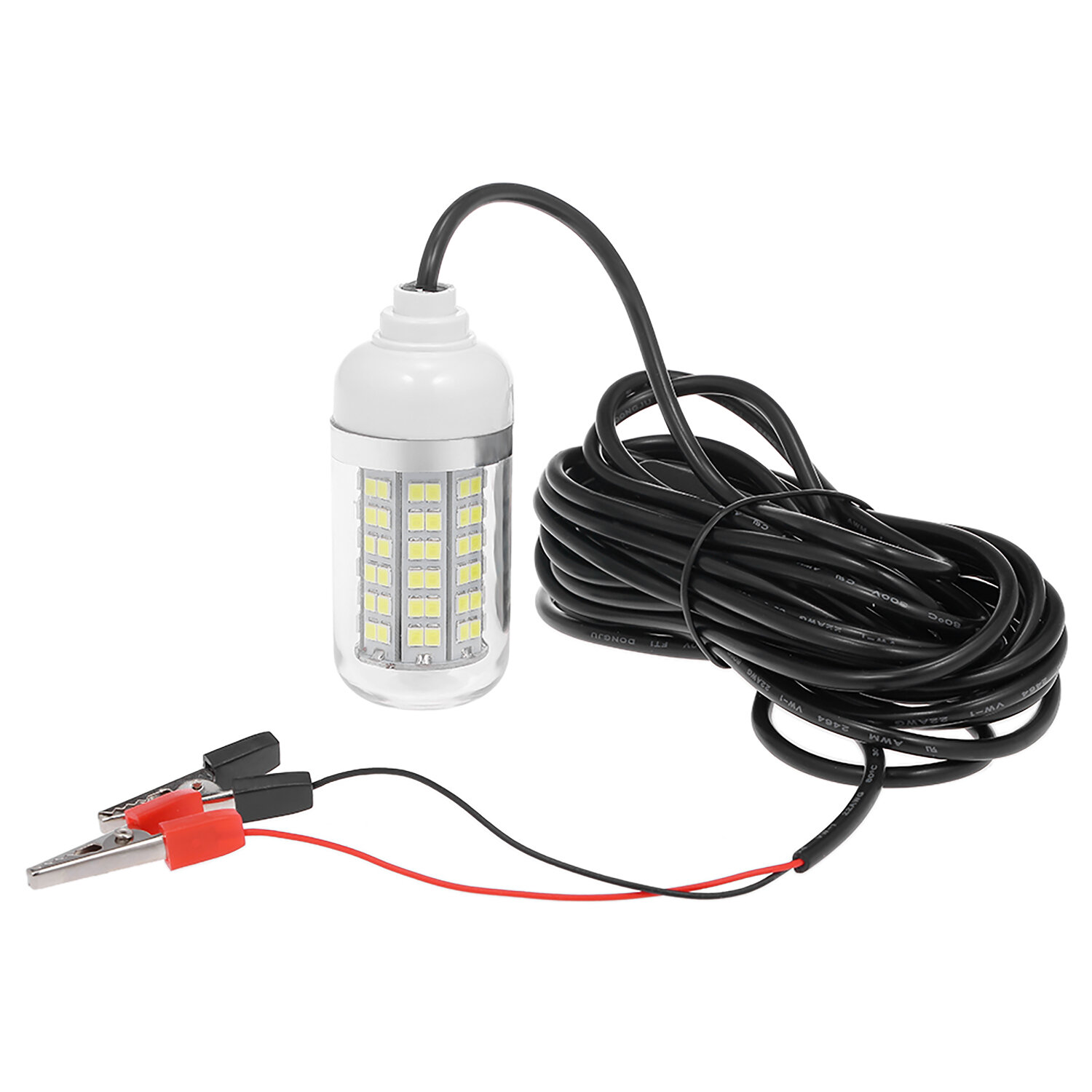 Аттрактор для рыбалки подводный светодиодный 12V 15W с кабелем питания 5м и клеем, материал ABS, цвета Зеленый/Синий/Белый/Теплый белый, размер 7.5*3см, угол обзора 360 градусов, 108 светодиодов 2835, водонепроницаемость IP68, вес 141г, размер упаковки