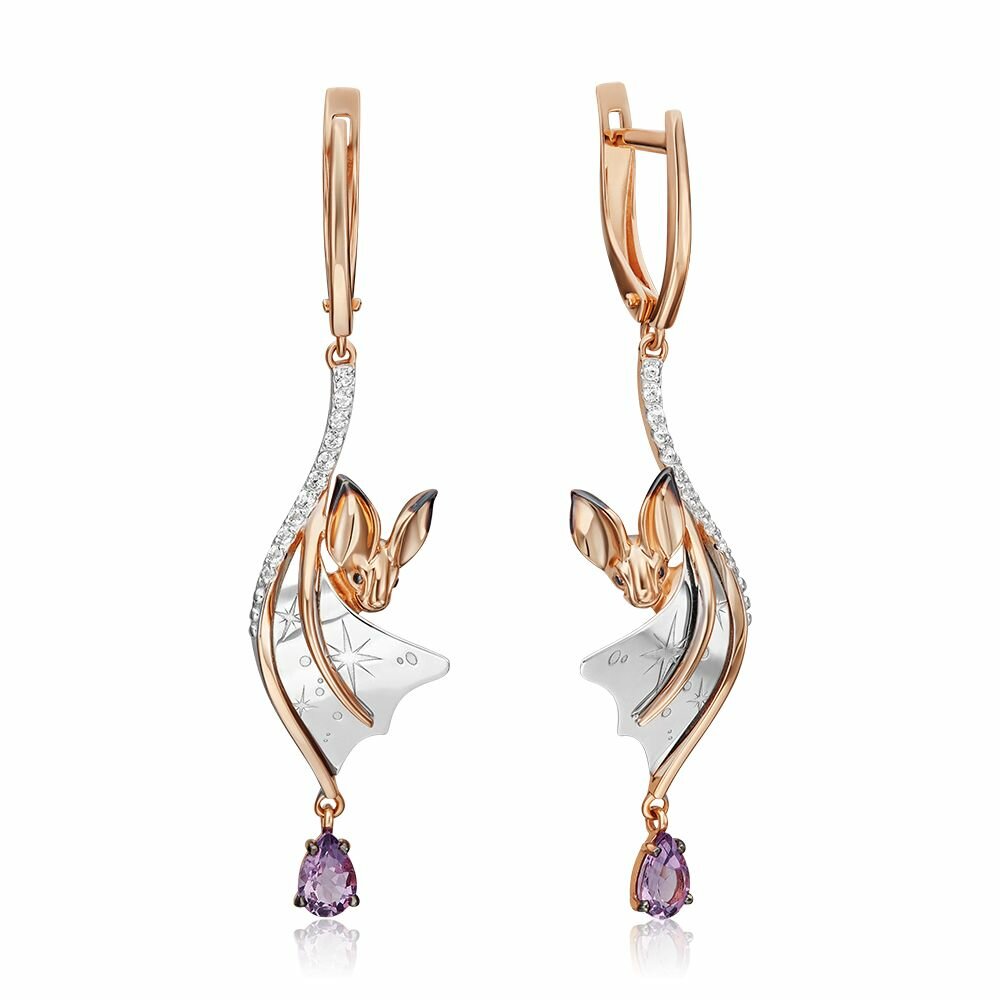 Серьги PLATINA, комбинированное золото, 585 проба, родирование, топаз, аметист