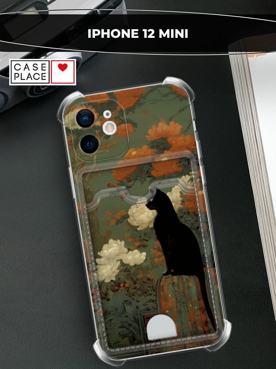 Чехол на Apple iPhone 12 mini (Айфон 12 Мини) с картой и принтом black cat