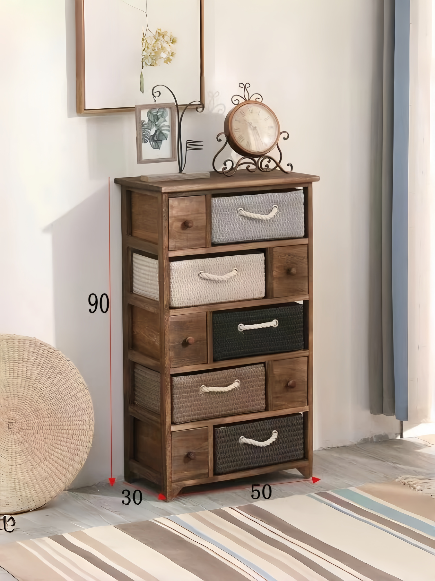 Шкаф для хранения I037, из массива дерева и ротанга, коричневый