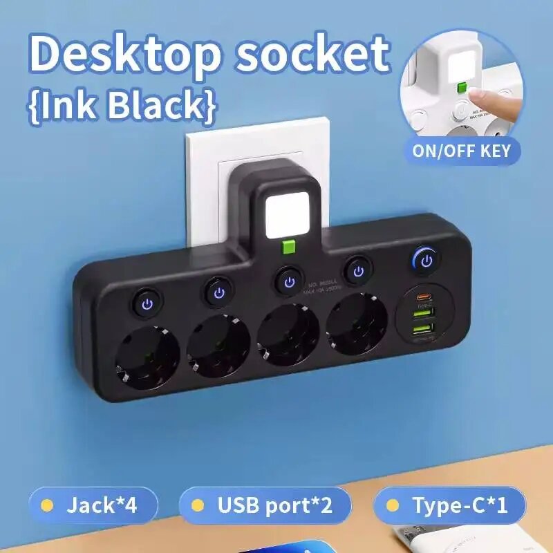 EU Plug and Socket 3 Sockets со стабилизатором напряжения 4 AC USB Black