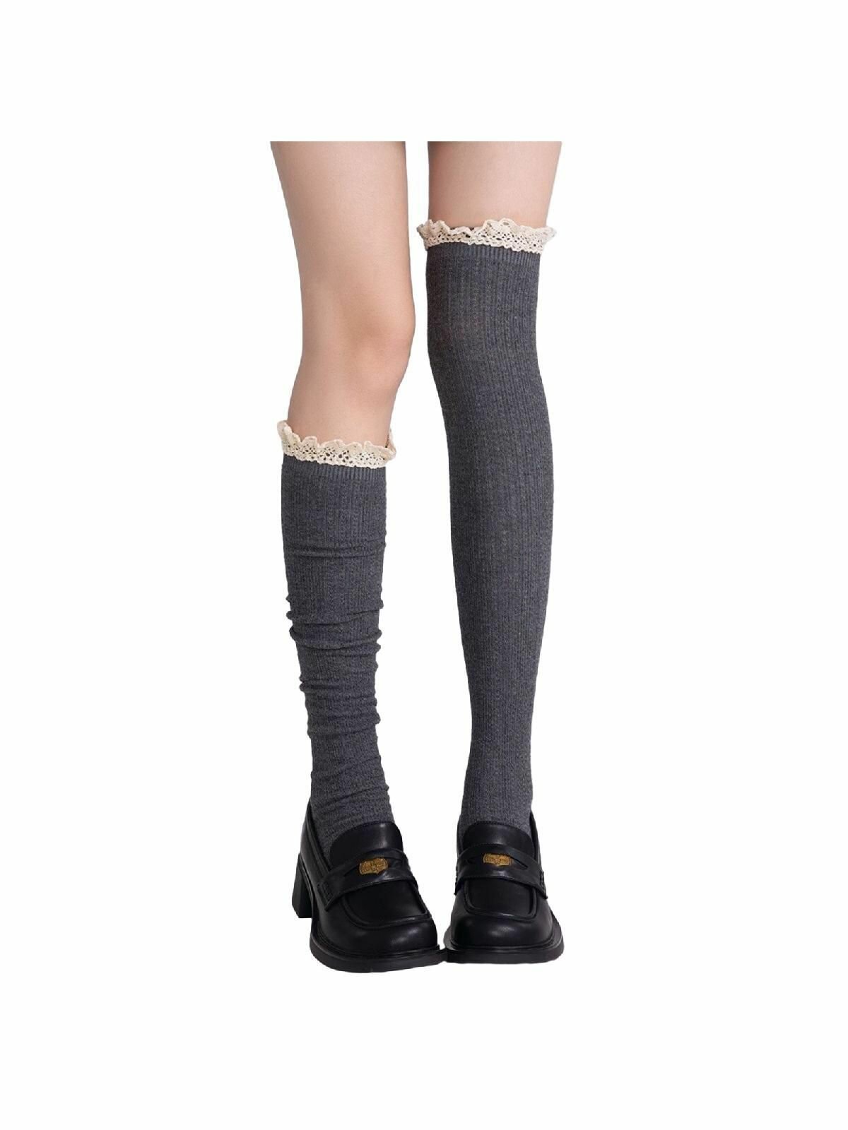 Женские хлопковые гольфы с кружевами, Серый