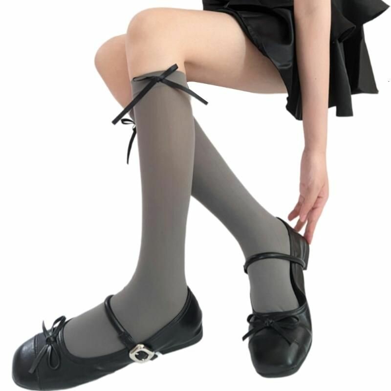 Женские японские атласные чулки до бедра с бантами, Серый и черный теленок