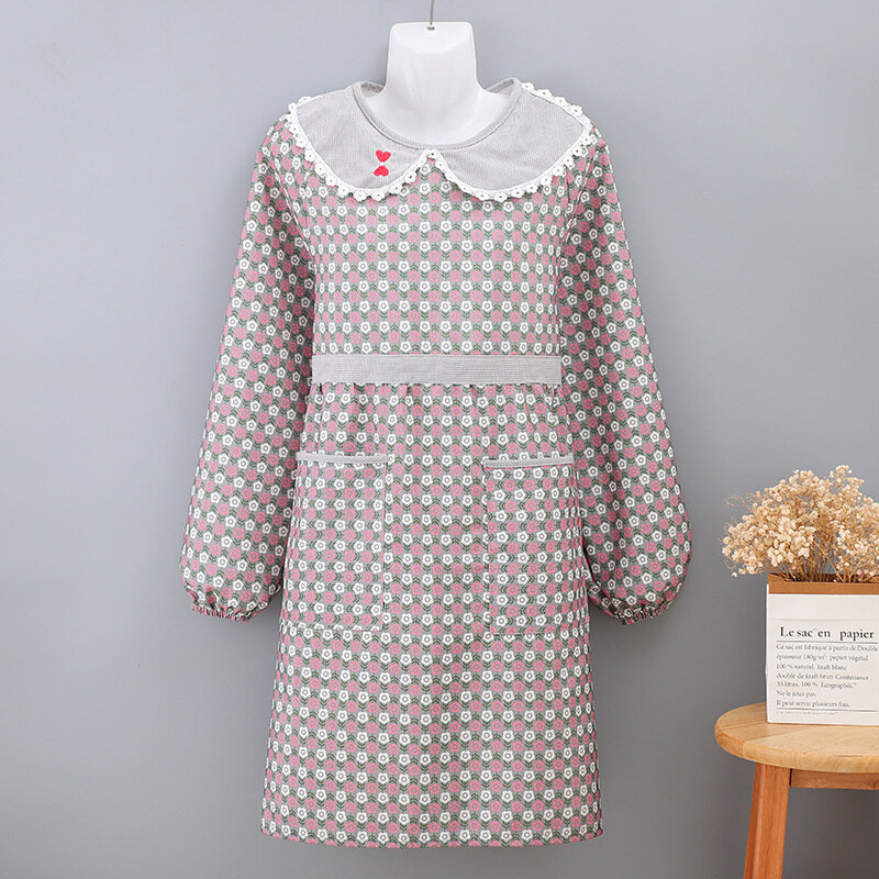 Фартук с длинным рукавом и воротником-куклой с двойными карманами, хлопковая ткань, женский фартук для дома и кухни, маслостойкий фартук для готовки