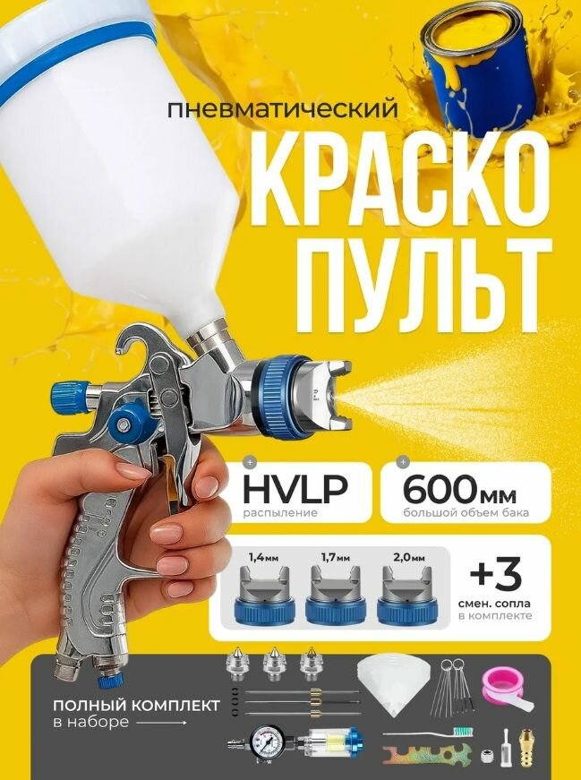 Краскопульт пневматический для разных видов красок лака и грунта HVLP с сменными соплами (1.4мм 1.7мм 2.0мм) большой комплект