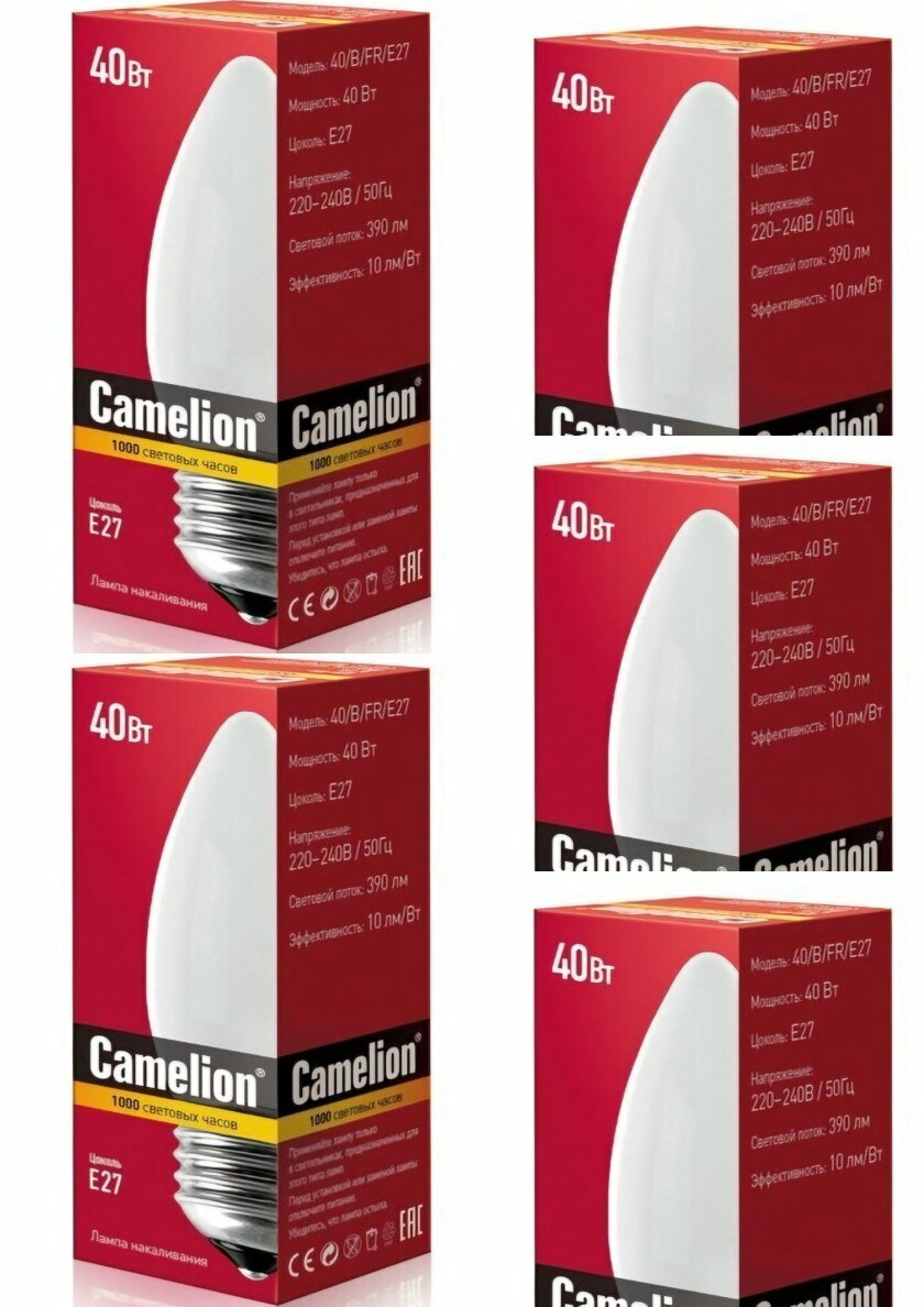 5 шт (набор) Лампы накаливания свеча Camelion 9865, патрон E27, B35, мощность 40 Вт, 2700 К