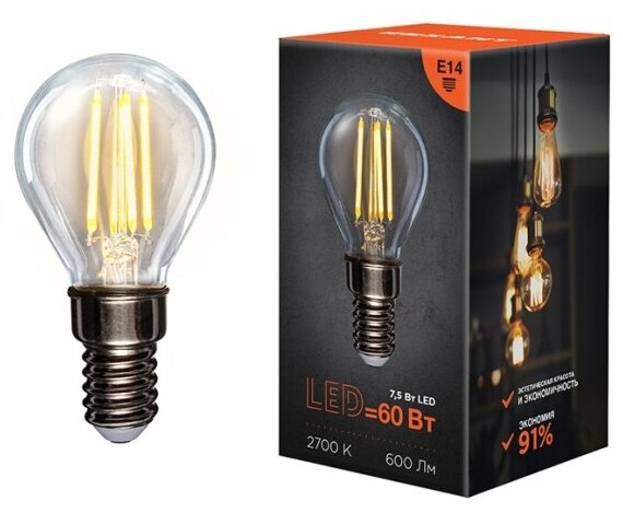 Лампа филаментная Rexant Шарик GL45, 7.5 Вт, 600 Лм, 2700K, E14 в прозрачной колбе