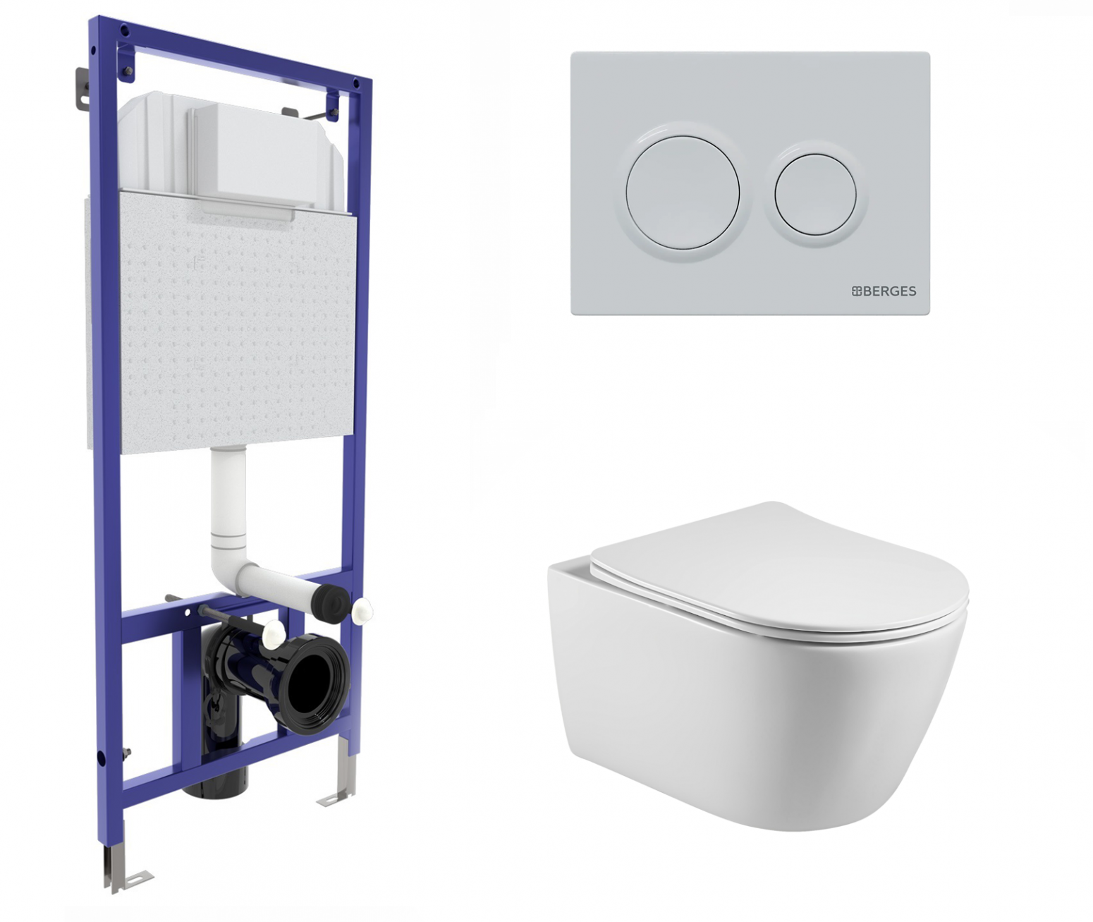Комплект 3 в 1 инсталляция Berges Novum O4 + Унитаз подвесной Акватек Вега AQ1905-00 с кнопкой белой