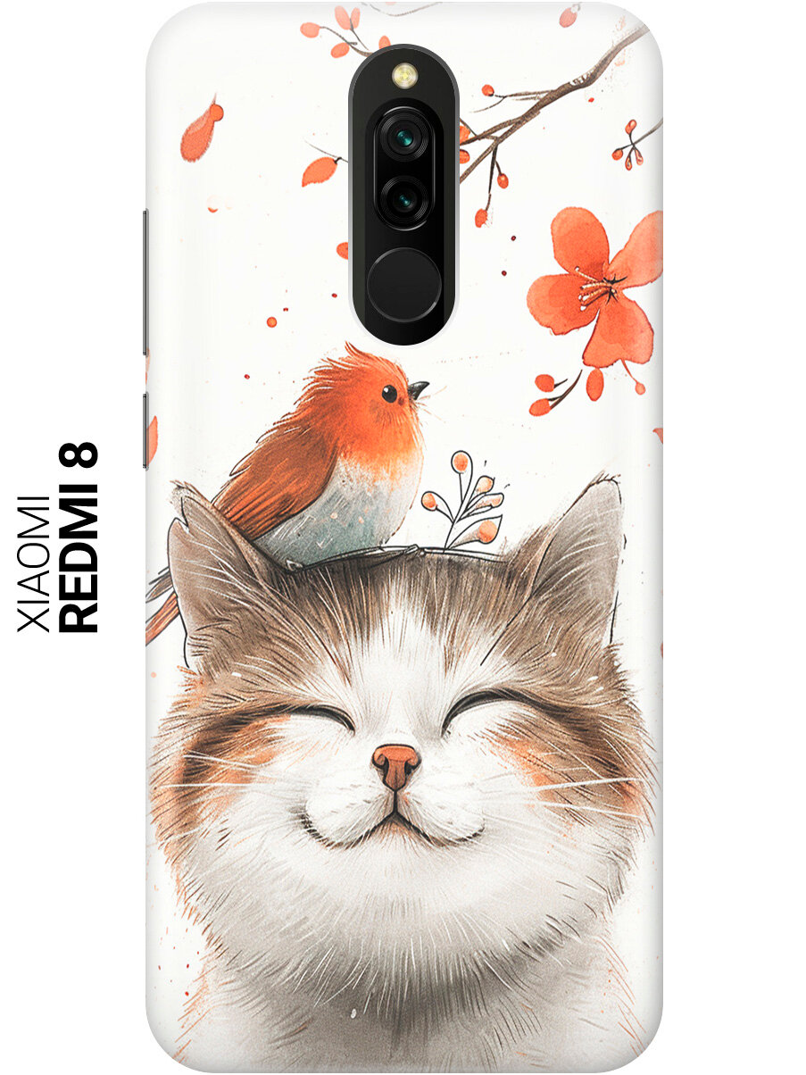 Силиконовый чехол на Xiaomi Redmi 8 с принтом "Довольный котик и птичка"