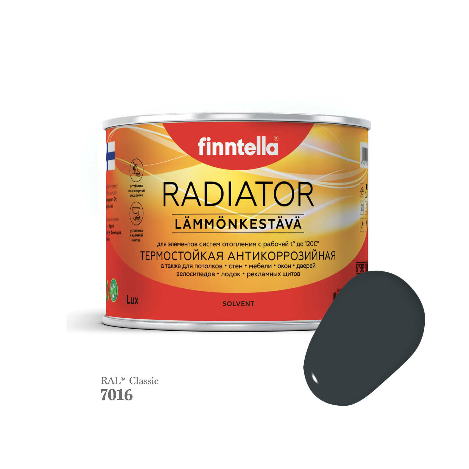 Краска для радиаторов быстросохнущая финская эмаль FINNTELLA RADIATOR, цвет RAL7016 , 0,45л
