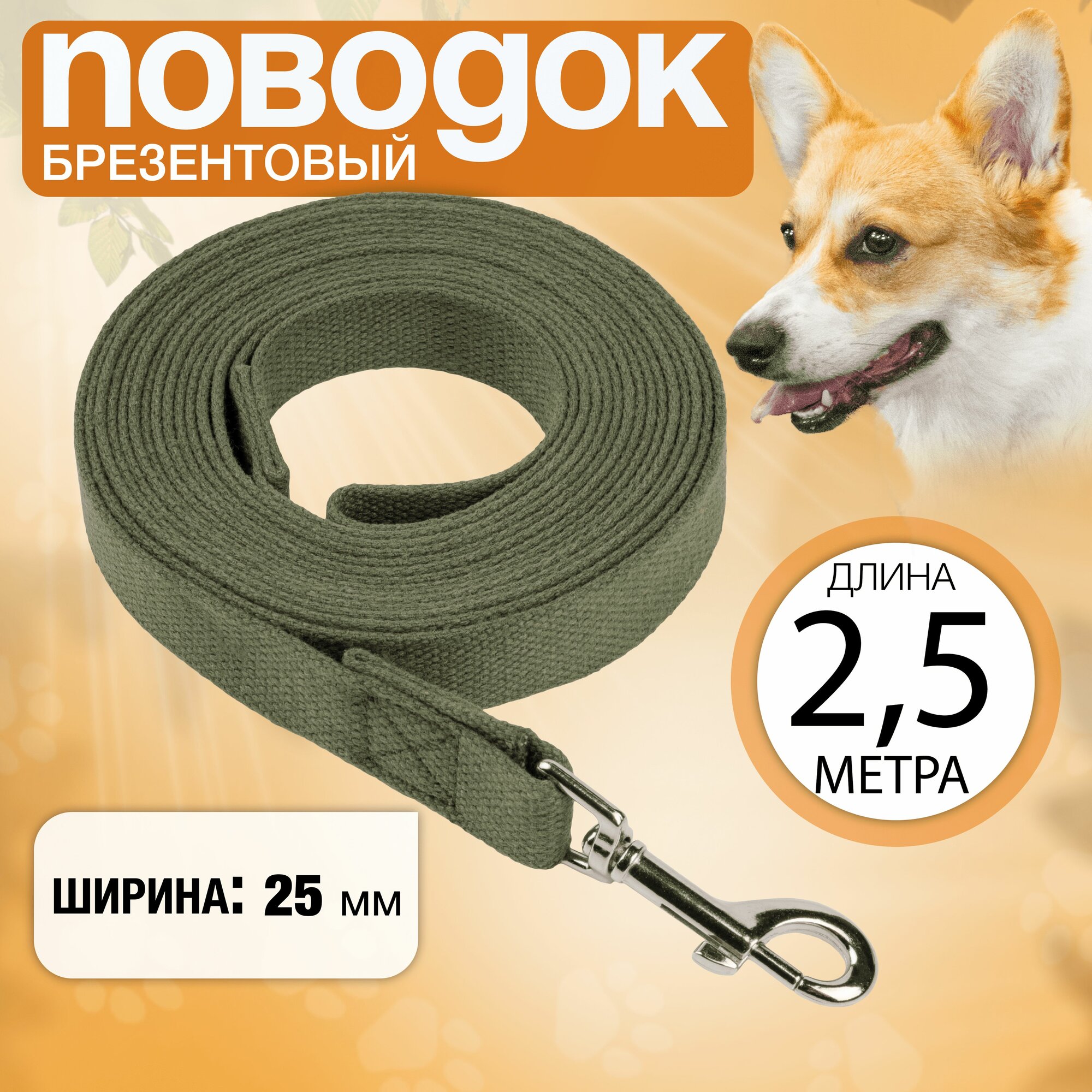Поводок брезентовый 2,5м х 25мм, прошитый, с вращающимся карабином, для собак мелких и средних пород.