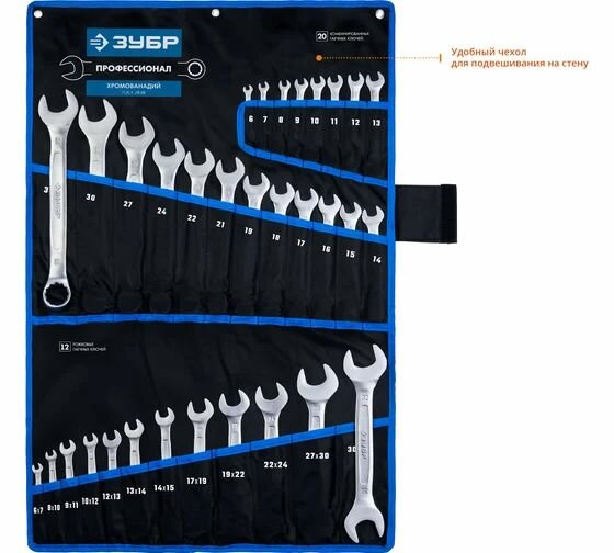 Набор комбинированных и рожковых гаечных ключей ПРОФ Зубр